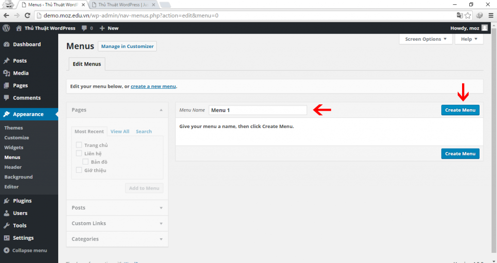 Hướng dẫn tạo menu trong WordPress - Wiki Minh Duy Solutions